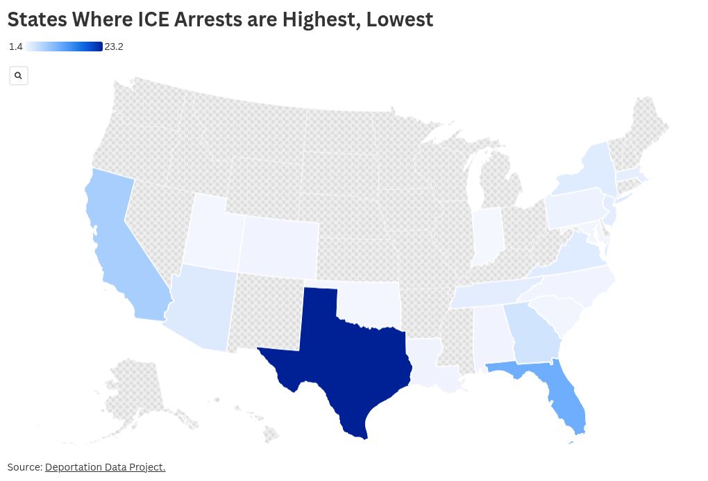 Map Shows States Where ICE Arrests are Highest, Lowest - Newsweek