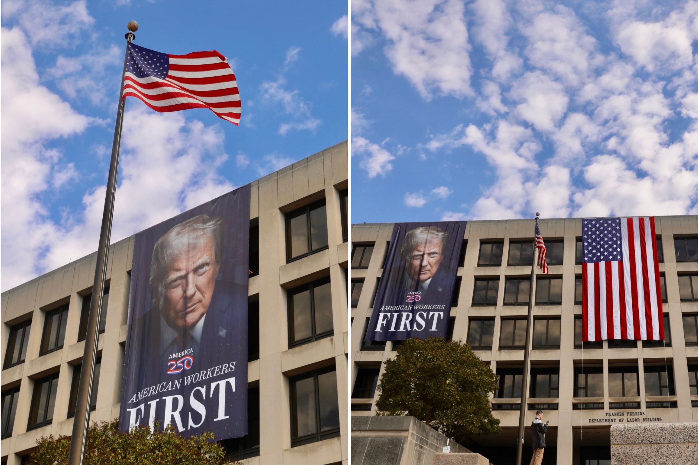 Giant Donald Trump Portrait Draped Over Department of Labor Building in ...